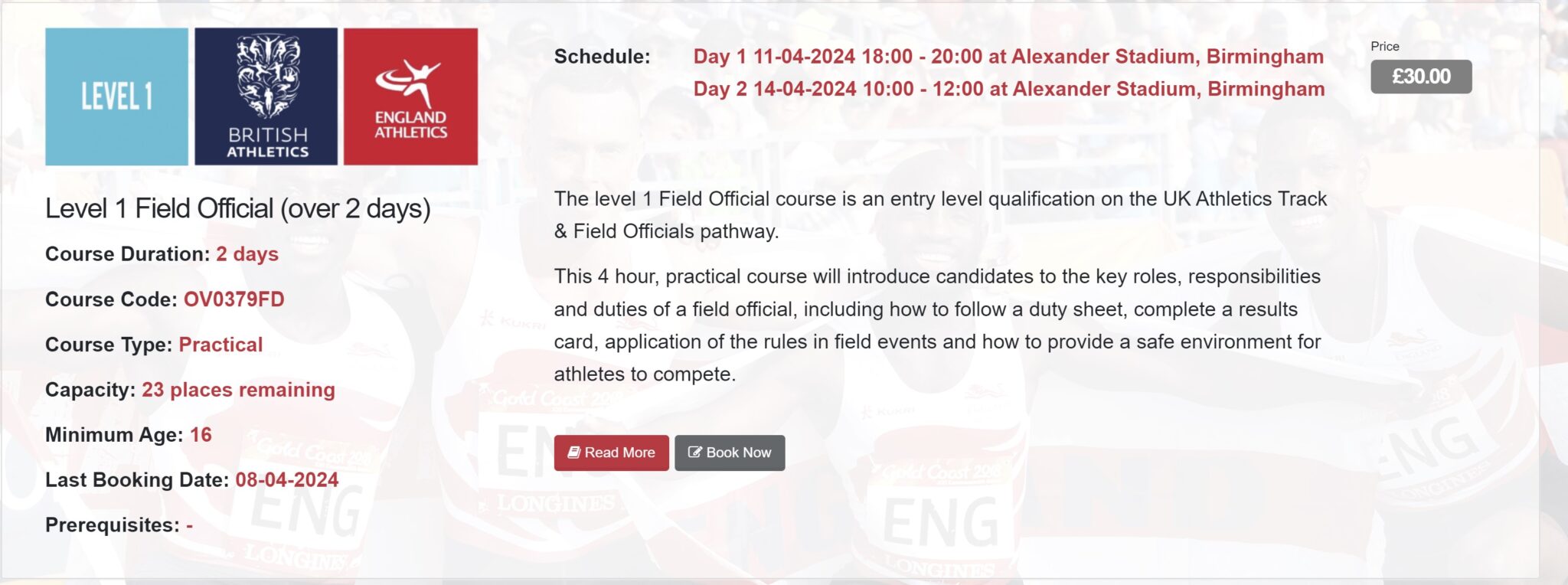 LEVEL 1 Officials Course 14th April at the Alexander Stadium (Track ...